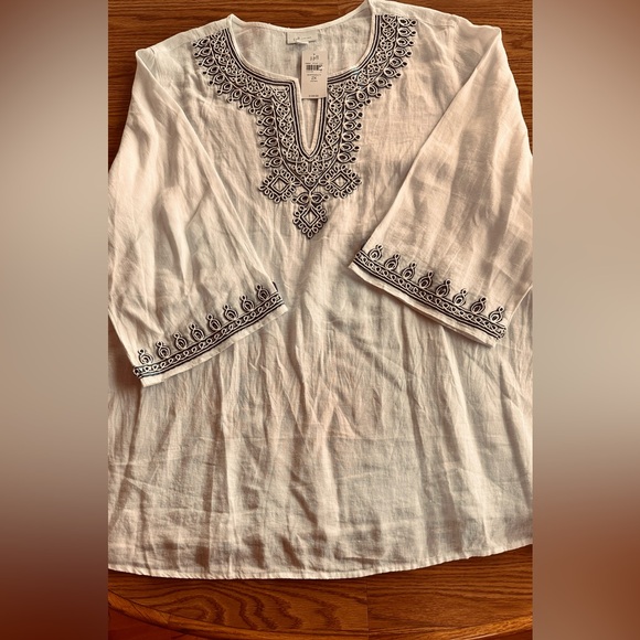J. Jill | Tops | J Jill Linen Tunic 2x Blue White Embroidery Trim At ...